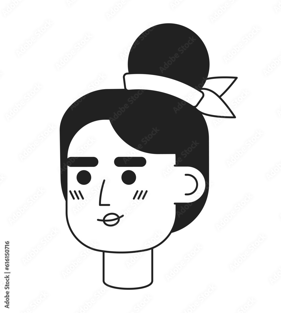 Blonde woman with bun hairstyle monochrome flat linear character head ...
