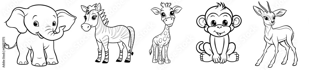 African cute animals - Elephant, Zebra, Giraffe, Monkey and Gazelle ...