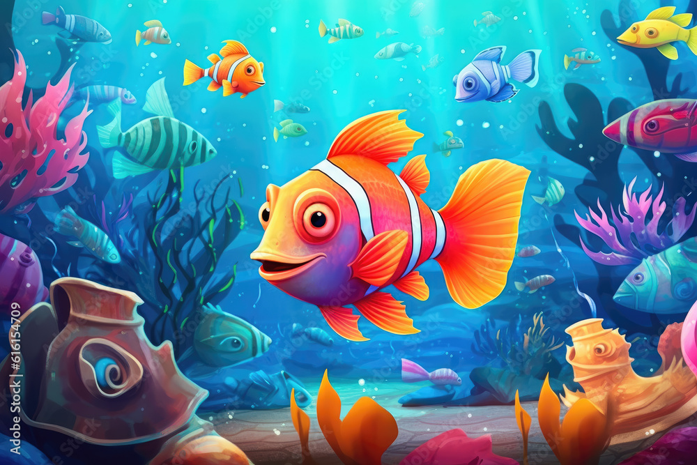 Kids cartoon Clownfish under the sea Stock Illustration | Adobe Stock