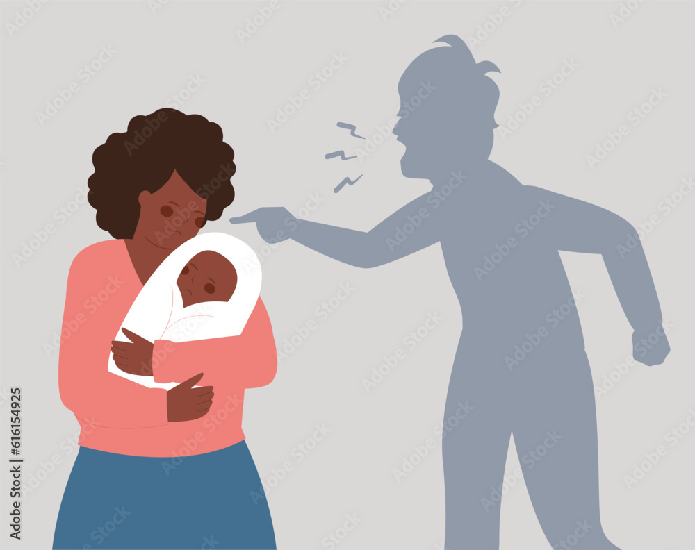 African American mother protects her child from a man's shadow that ...