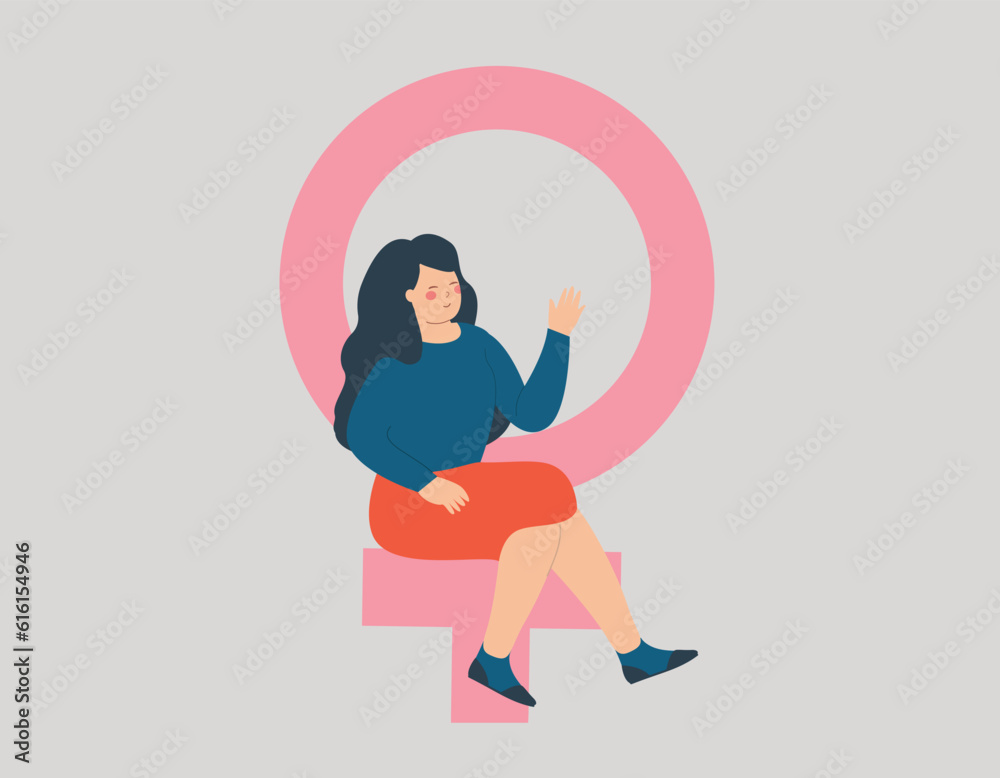 Strong woman sits on a big female symbol and says hello with her hand ...