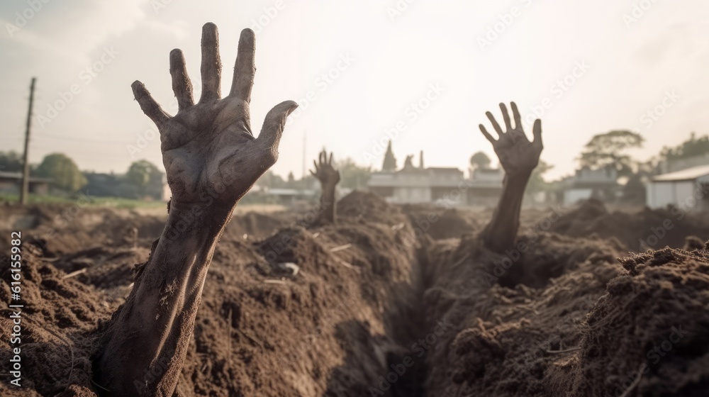 Creepy zombie hands coming out of dirt graves. Generative AI. Stock ...