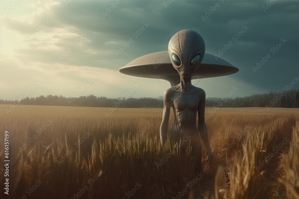 Aliens on planet earth, UFO in field. Aliens come in peace, galactic ...