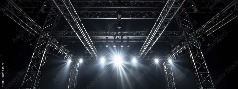 A Live stage production overhead trusses and lighting in a live venue ...