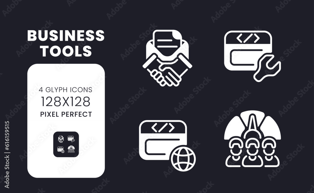 Business tools white solid desktop icons set. Computer technology ...