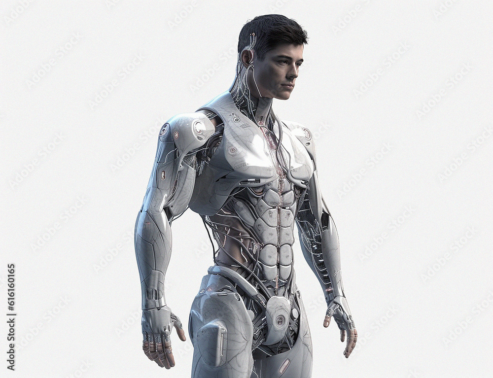 Cyborg, robot and iron soldier on mockup for futuristic war, galactic ...