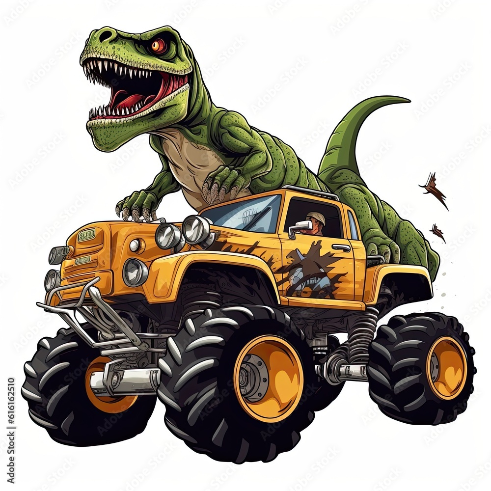 Tyrannosaurus dinosaur on off road vehicle. TRex Riding Monster Truck ...