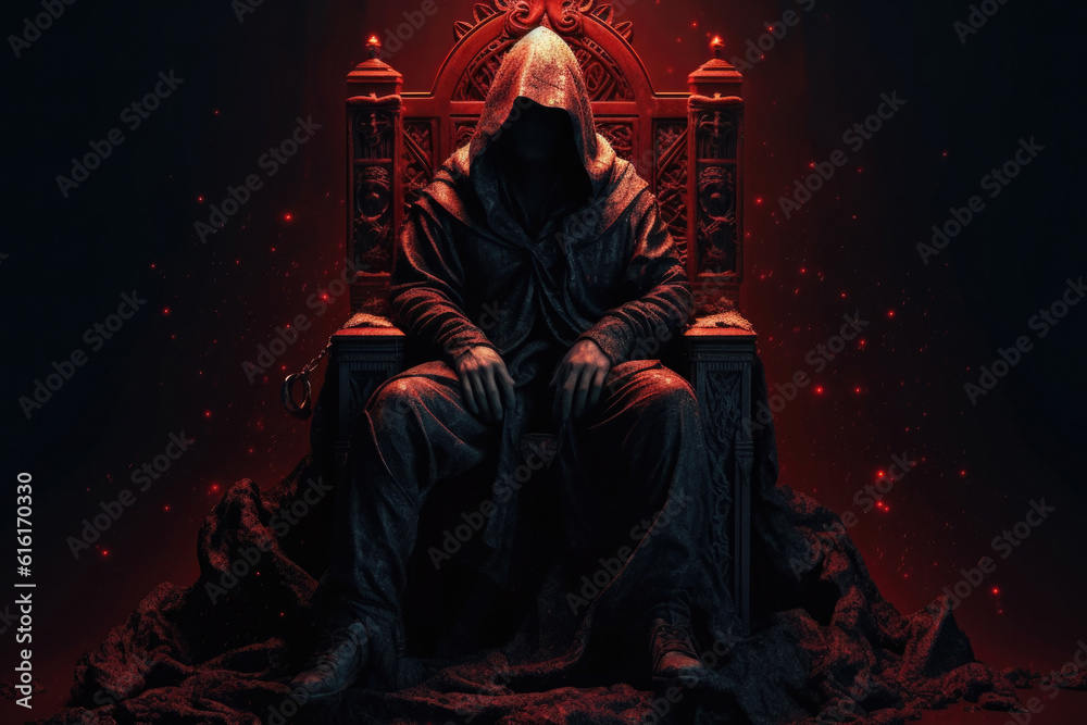 Man in hood sitting on royal throne in dark castle hall. Fantasy ...