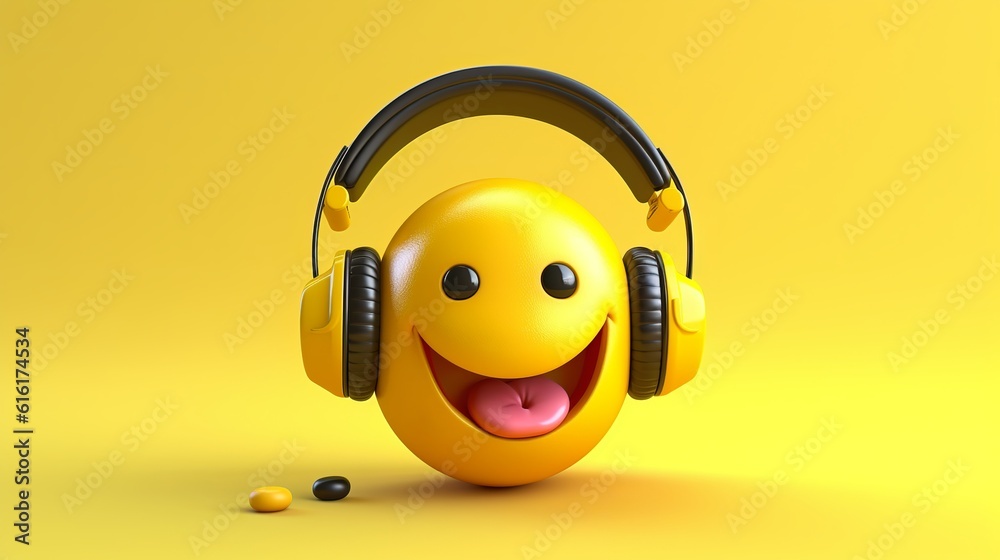 Smiley Listen Music emoji features a yellow face with eyes, wearing ...