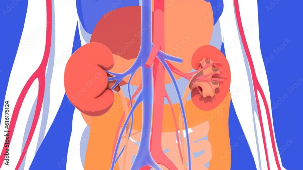 3d animation of the kidneys and urinary system in relief. On the ...