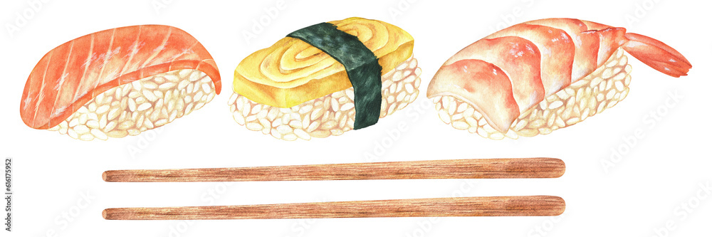 Sushi set with egg, salmon, shrimp. Watercolor illustration. Bamboo ...