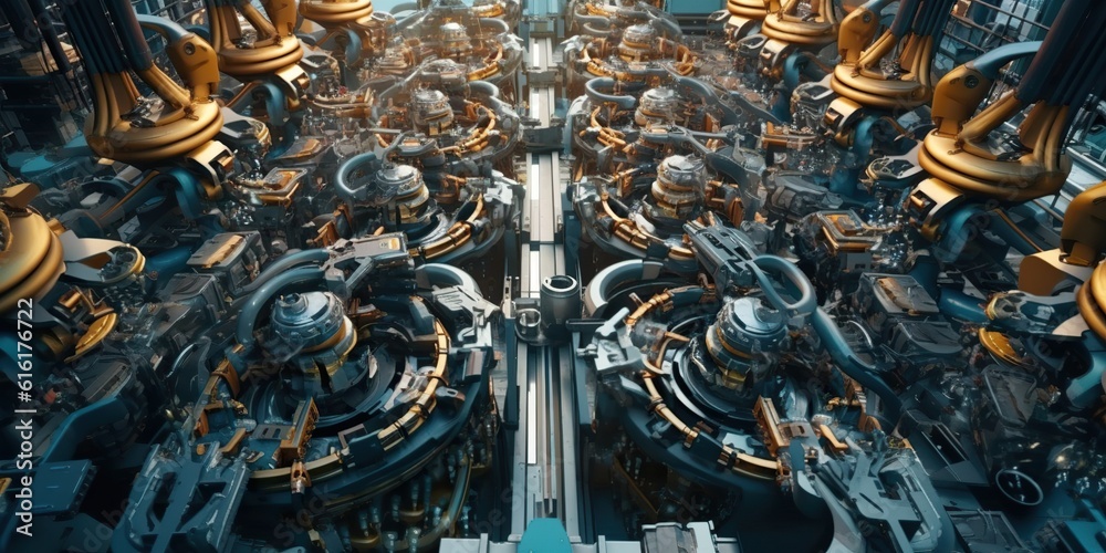 Top view an assembly line, robotic arms moving in a hypnotic rhythm as ...