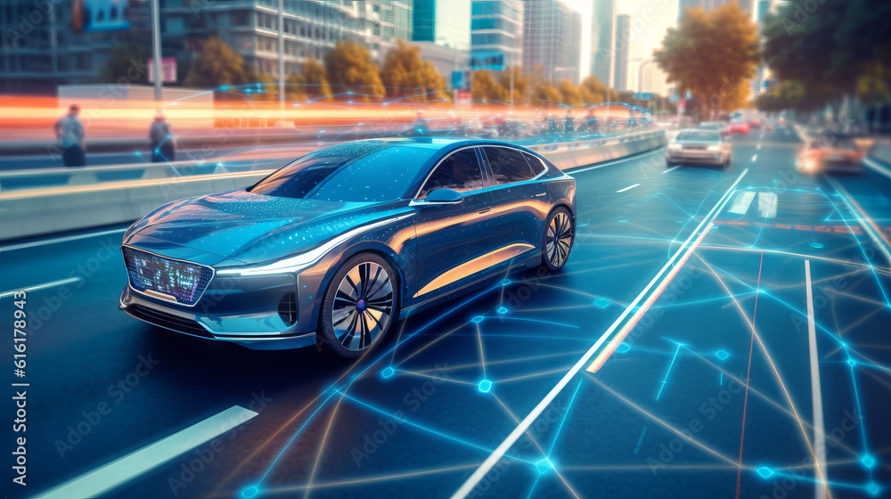 An autonomous vehicle on the road with overlay graphics that represent ...