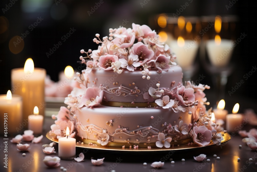 Illustration of a multi-tiered cake on a table with decorative frosting ...