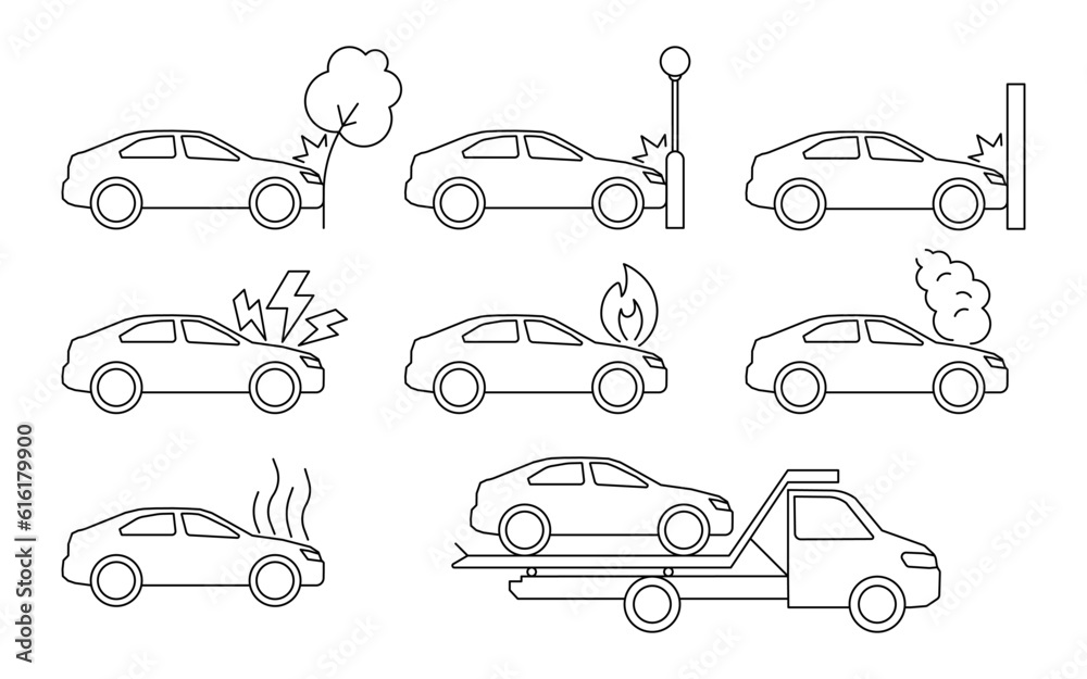 Vetor de Car crash, accident of transport, line art icon set. Collision ...