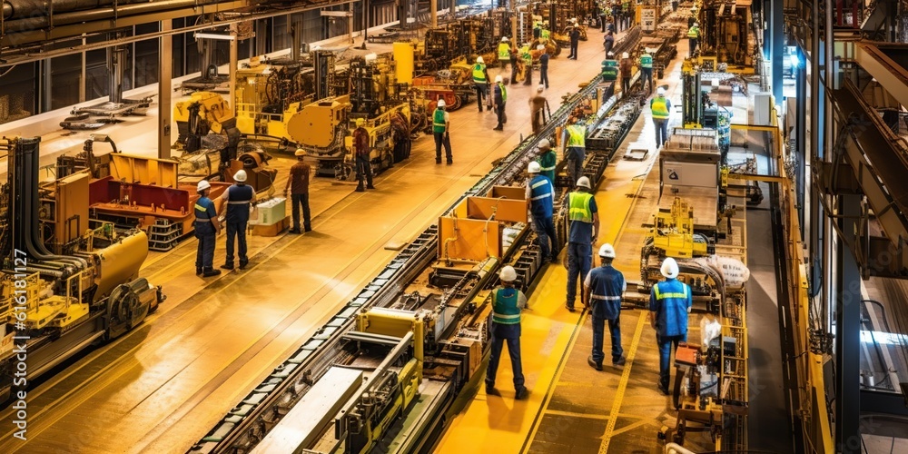 Top view of a bustling factory floor, workers in bright safety vests ...