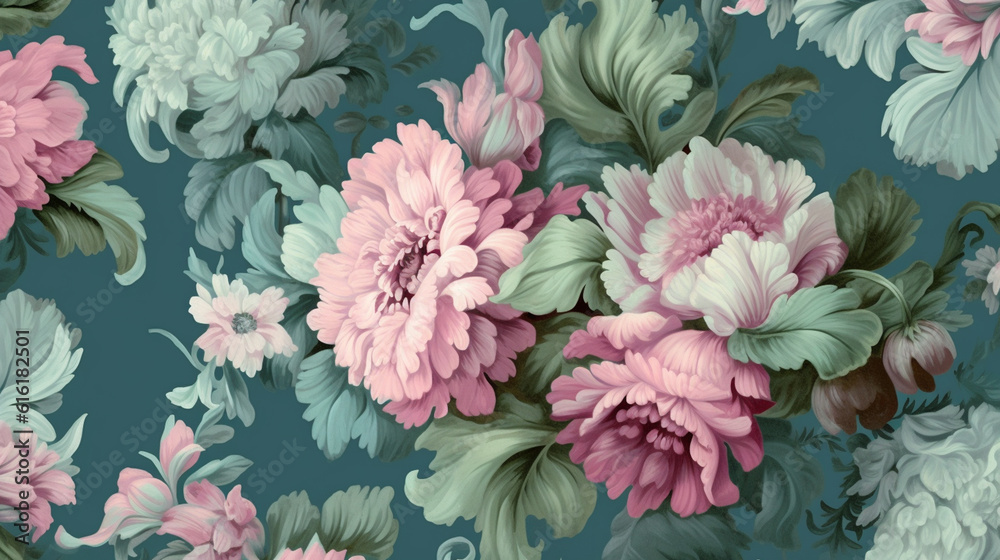 Vintage Rococo Flower Fabric Pattern in Blue, White, Pink, and Green ...