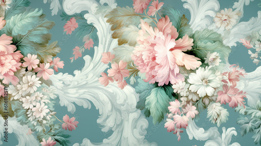 Vintage Rococo Flower Fabric Pattern in Blue, White, Pink, and Green ...