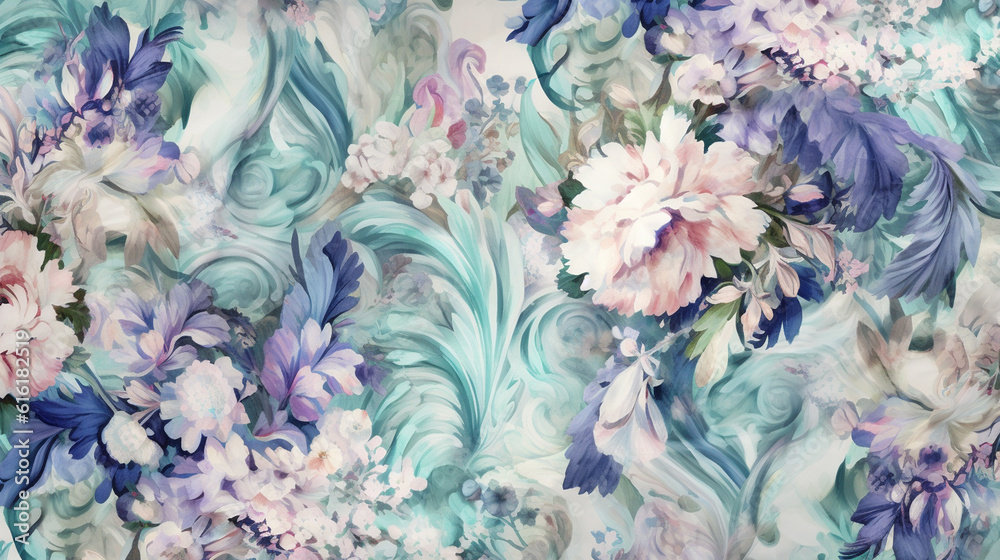 Vintage Rococo Flower Fabric Pattern in Blue, White, Pink, and Green ...