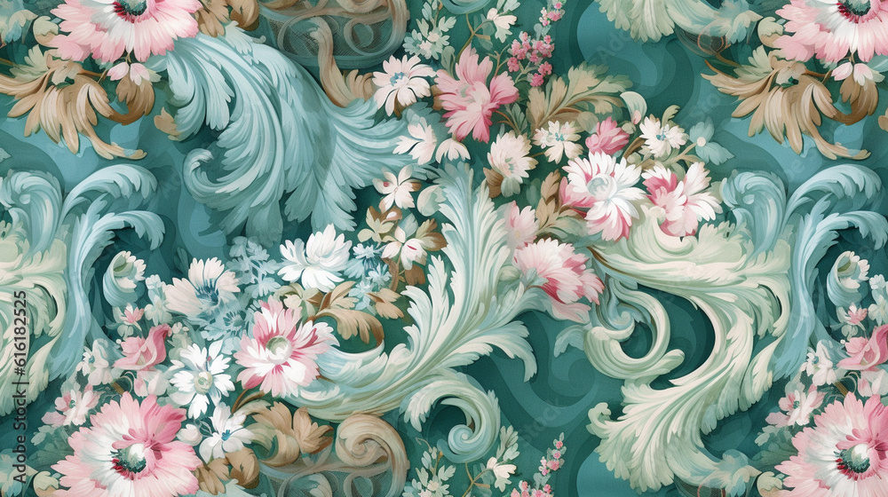 Vintage Rococo Flower Fabric Pattern in Blue, White, Pink, and Green ...