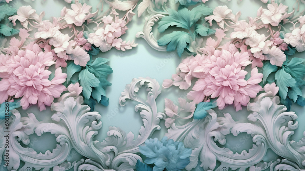 Vintage Rococo Flower Fabric Pattern in Blue, White, Pink, and Green ...