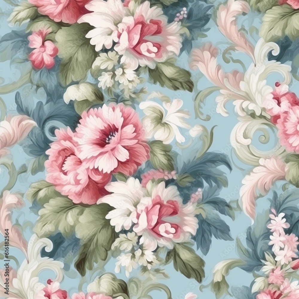 Fototapeta Róż brudny, pudrowy, fioletowy Vintage Rococo Flower Fabric ...