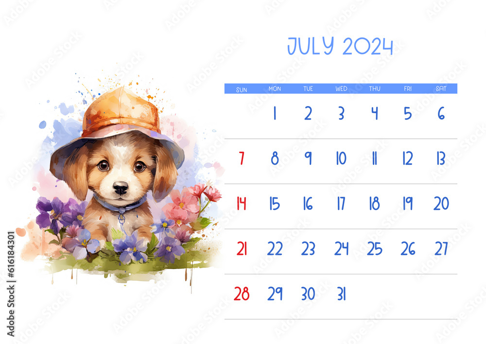Watercolor Printable Calendar 2024. Calendar with Cute Puppy for Kids ...