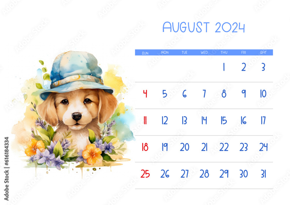 Watercolor Printable Calendar 2024. Calendar with Cute Puppy for Kids ...