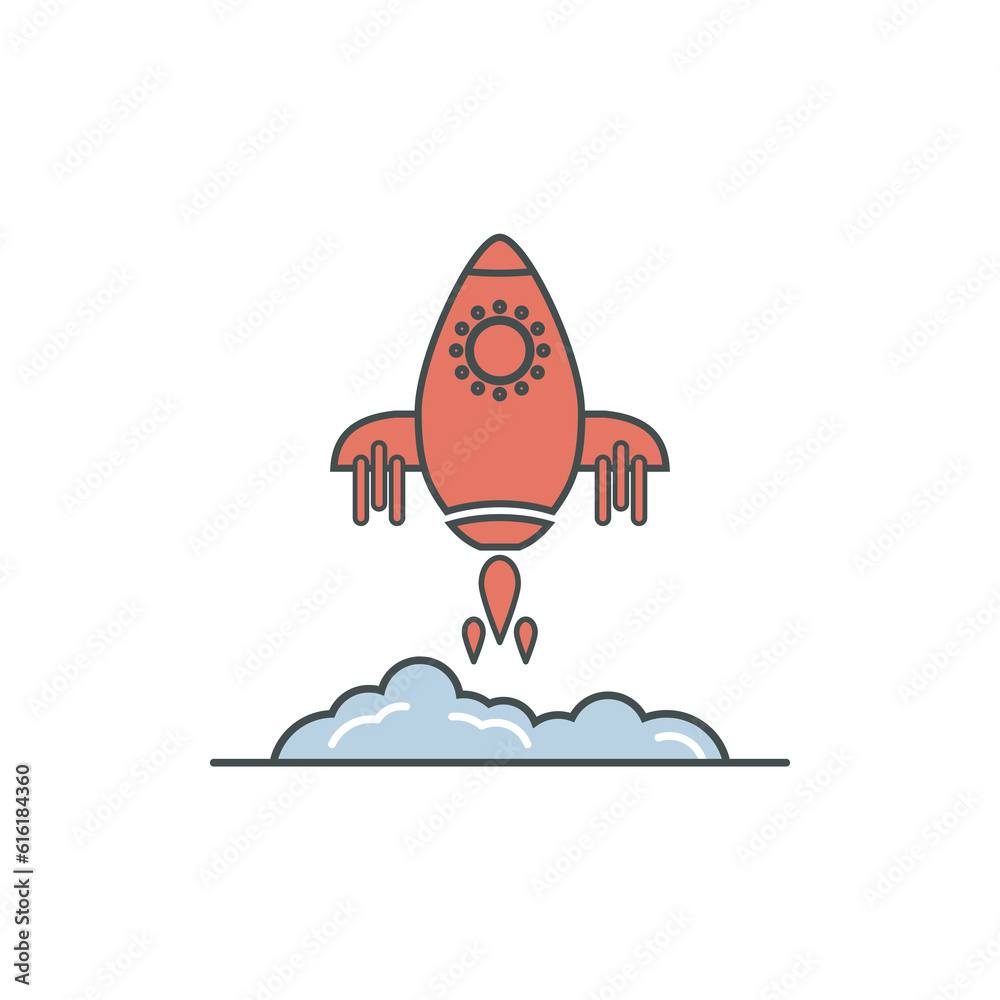 Red rocket ship launched with fire isolated on white background. Vector ...
