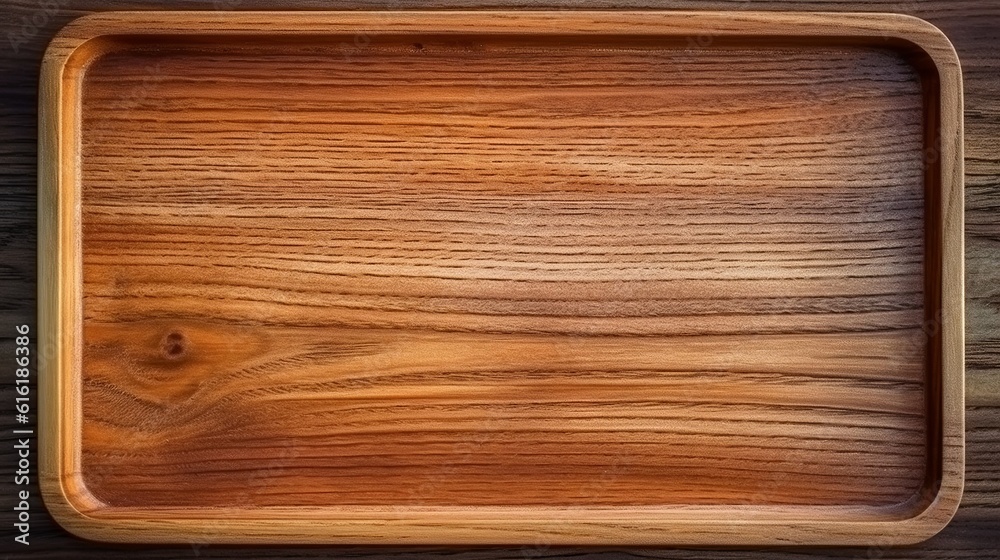Rectangular surface of a brown wooden tray, showcasing the natural ...