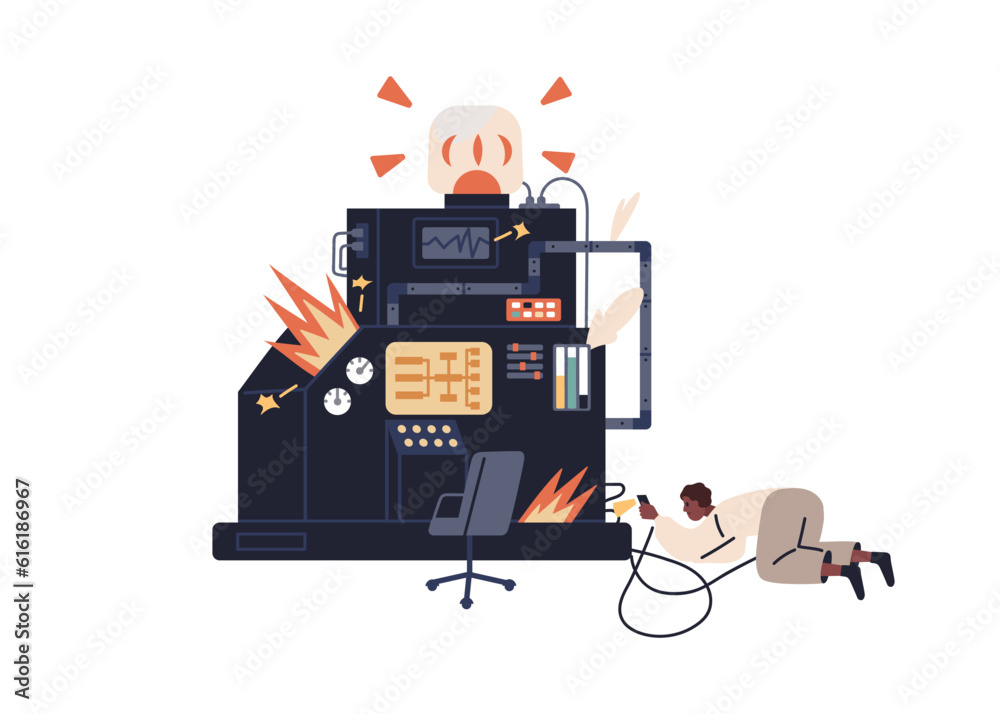 Manufacturing industry accident, emergency. Worker fixing broken ...