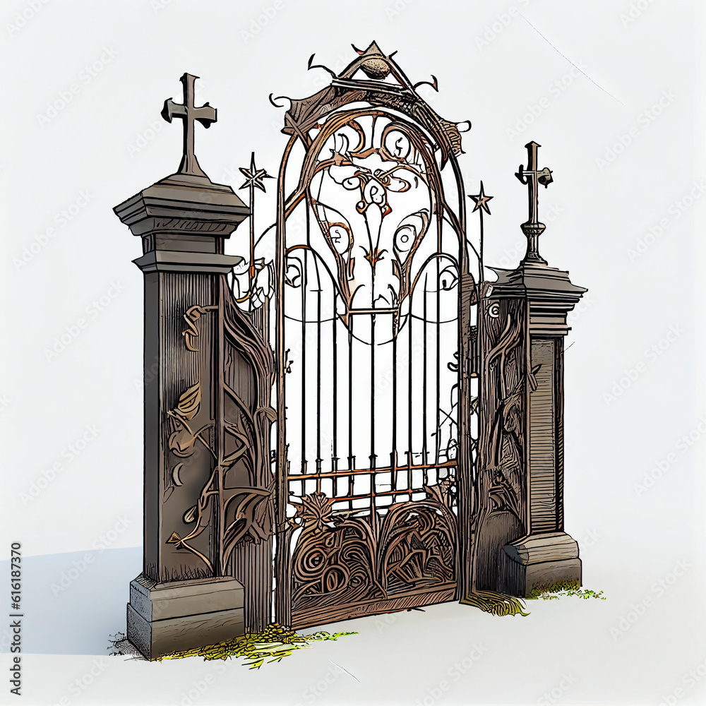 Detailed illustration of a worn, weathered gate entrance to a cemetery ...