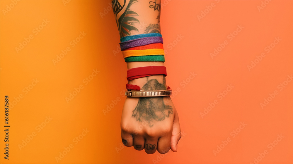 hand with wristlets, gay flags, lesbian, trans, non binary, asexual ...