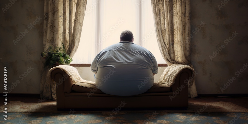 Rear view of obese man sits on couch, concept of Obesity, created with ...