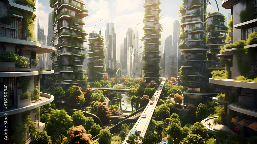 Futuristic city with allot of nature, green city, healthy future city ...