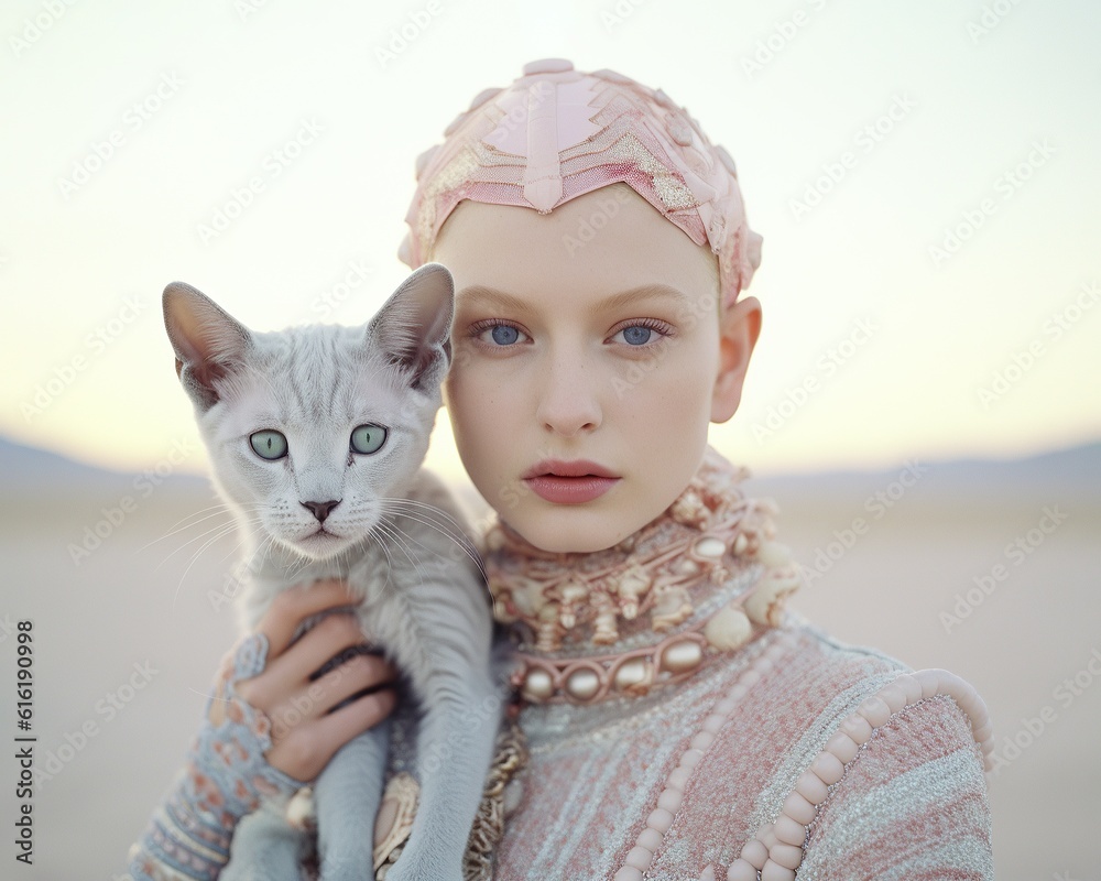 A young woman cradles a sleek black feline on an alien planet ...