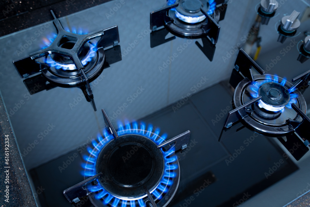 Gas cooker with burning flames of natural gas. Close up top view blue ...