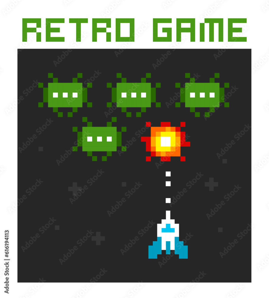 Geek Poster Space Arcade in 8-bit retro video game style. Simple 8-bit ...
