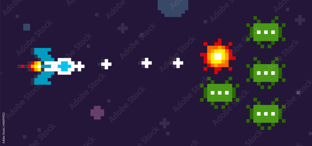 Screen of space arcade in 8-bit retro video game style UFO Monsters vs ...