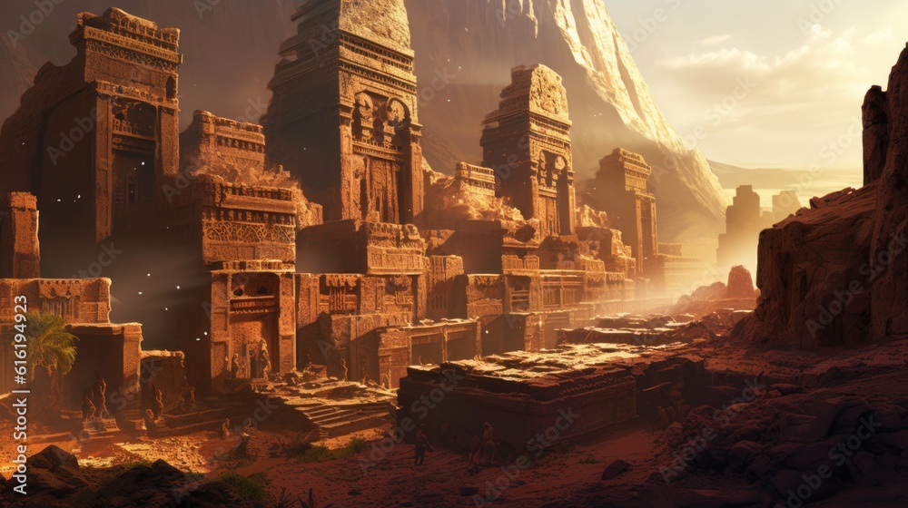 Ancient city buried deep within a desert or underwater realm. Depict ...