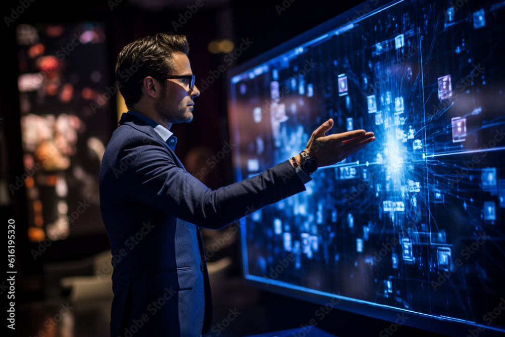 a presenter using holographic projection to display slides, images, and ...