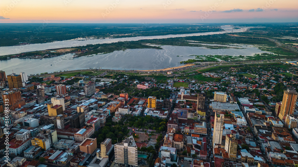 Aerial Drone Fly Above Asuncion City Waterfront in Paraguay, Daylight ...