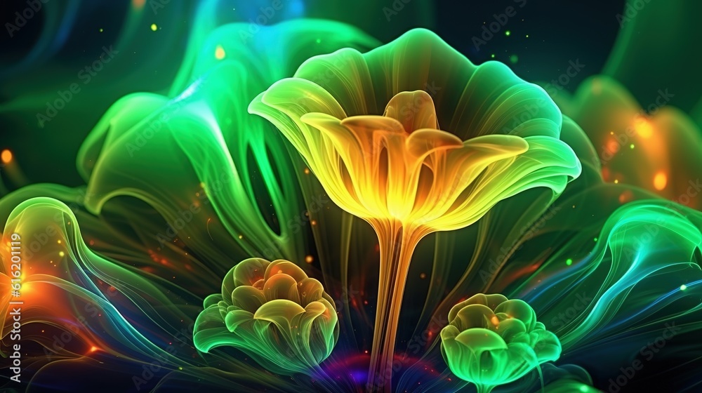 Futuristic flower field background. Glade with purple flowers in neon ...