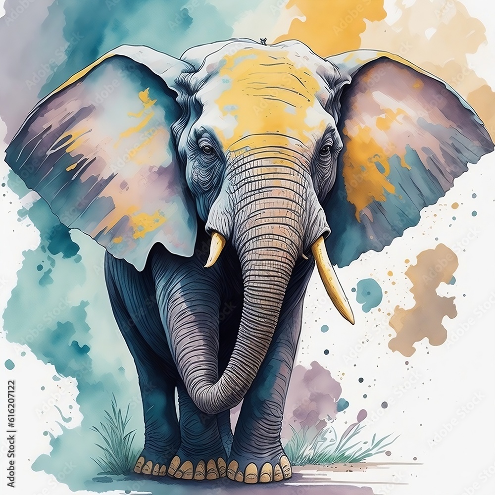 A single elephant, depicted in an AI-generated watercolor painting ...