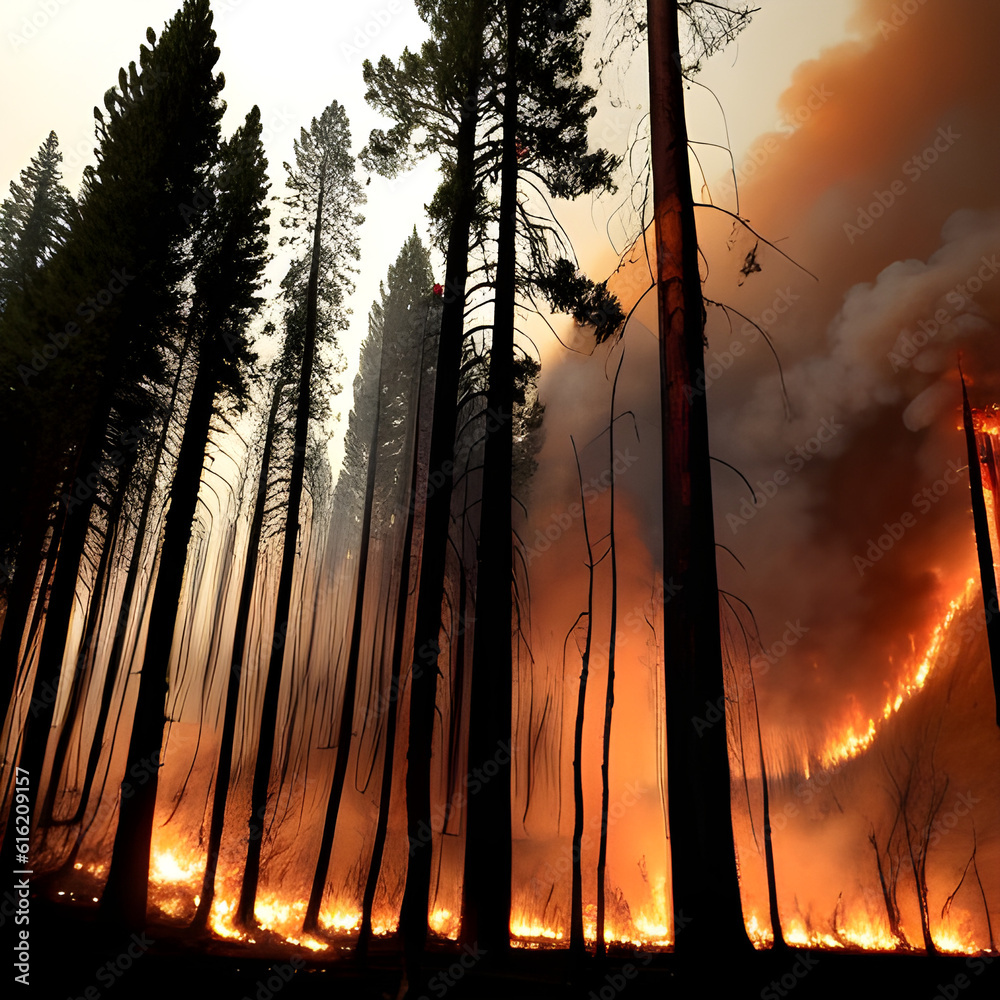Massive forest fire, strong flames, forest fires with a lot of smoke ...