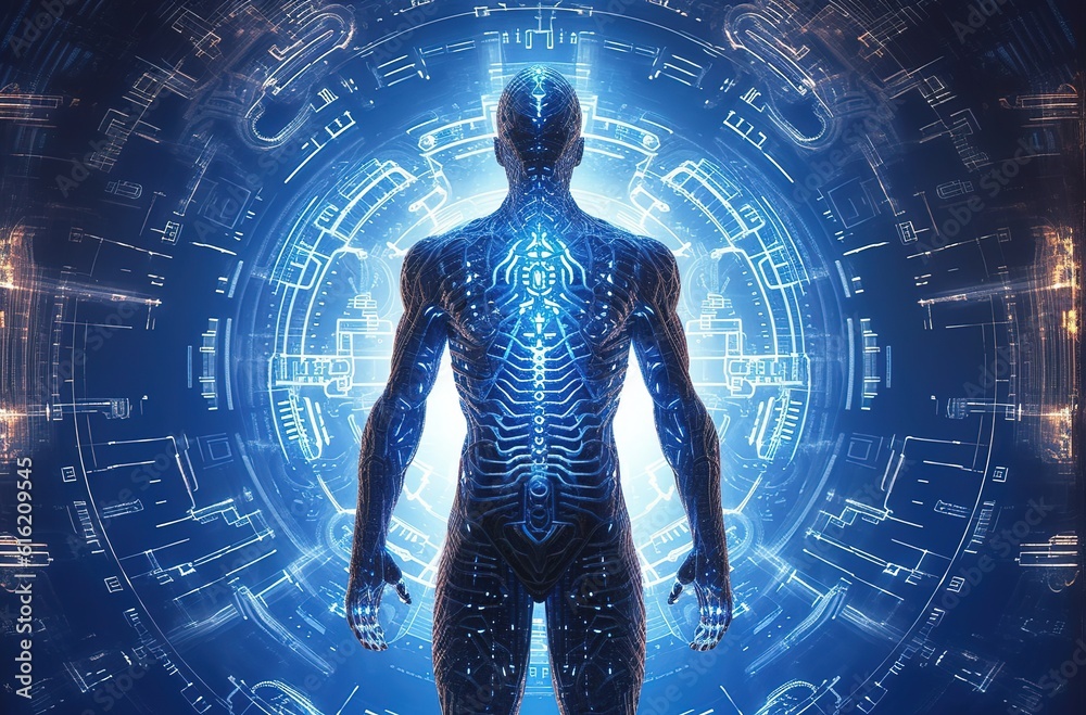 Health care, human body hologram with full body scan, bones, organs ...