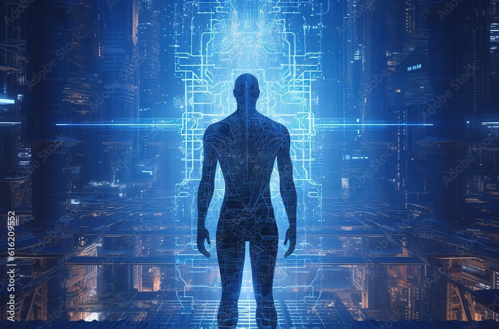 Health care, human body hologram with full body scan, bones, organs ...