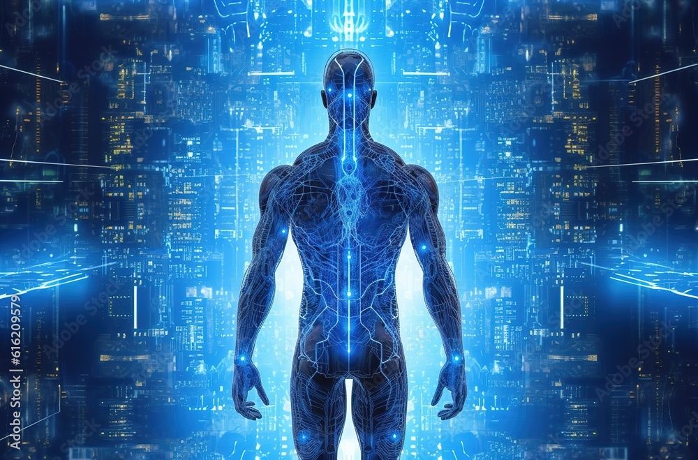 Health care, human body hologram with full body scan, bones, organs ...