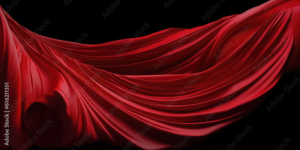 Red drape falling like wings isolated on flat black background. A ...