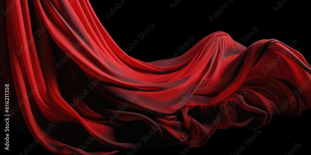 Red drape falling like wings isolated on flat black background ...